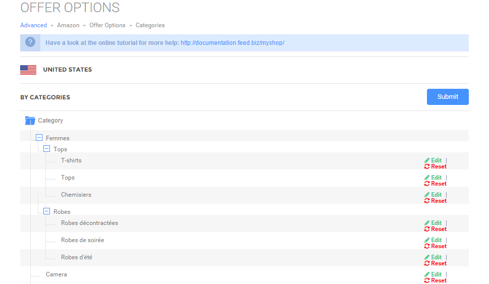 Offer Options Categories - Documentation | Feed.Biz